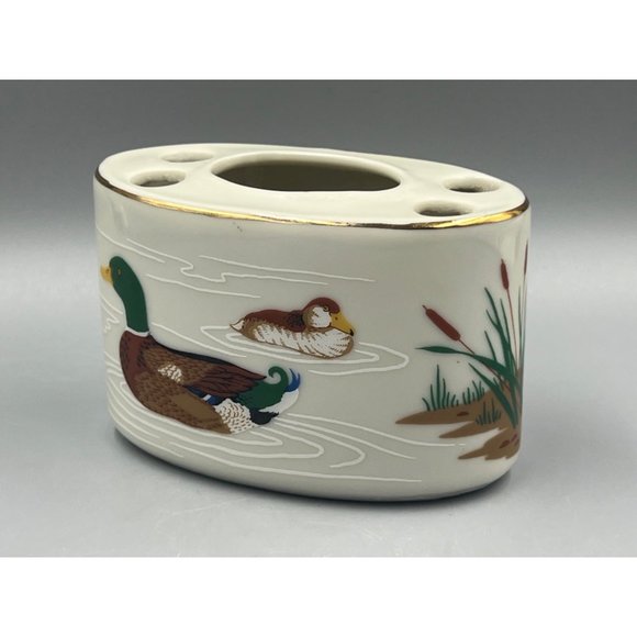 Accents | Vintage Porcelain Toothbrush Holder Ducks On Pond Wcattails ...